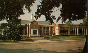 Photograph of Kirkwood Public Library image used for postcard