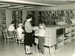 People in Warren Township Library using card catalog