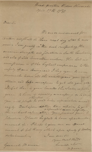 Letter to Francis Marion from Nathaneal Greene, April 17, 1781